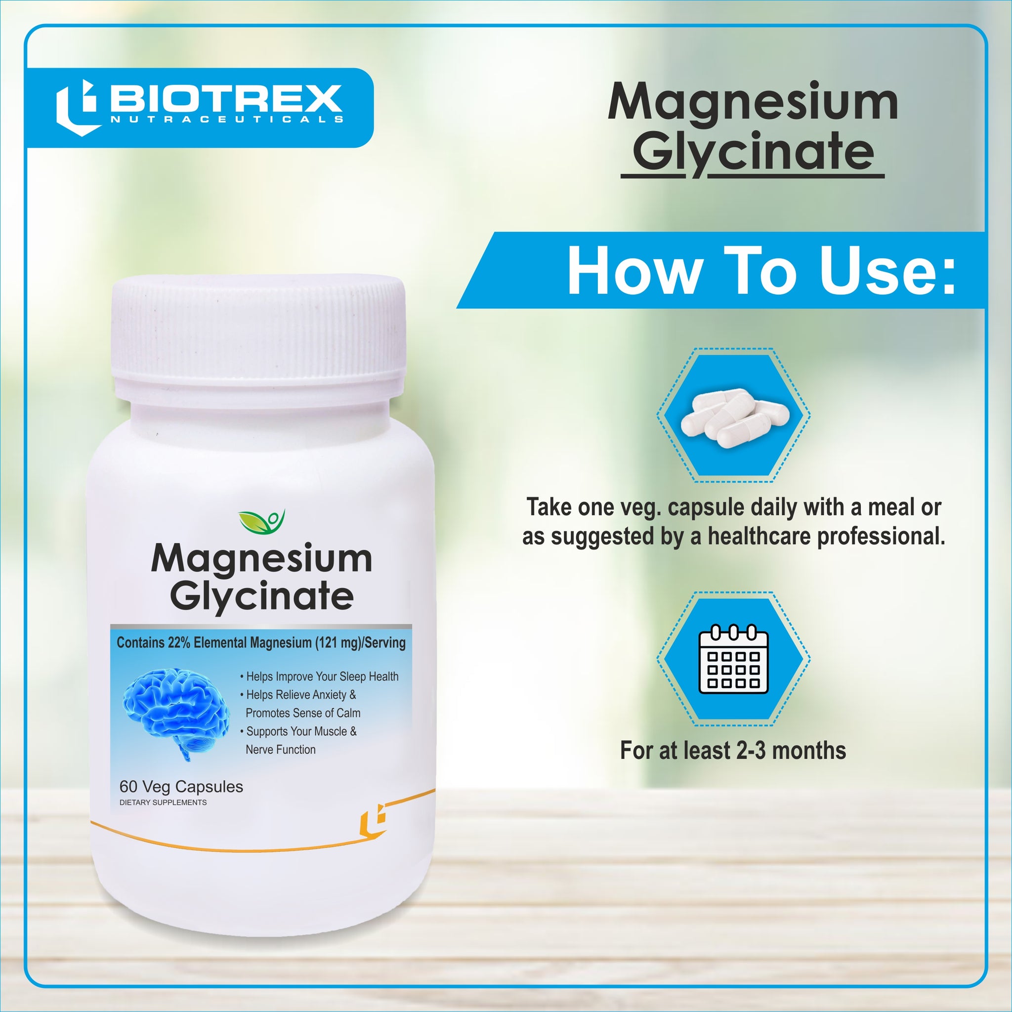 Biotrex Magnesium Glycinate 60 Veg Capsules, Supports Bone Health, Ner ...