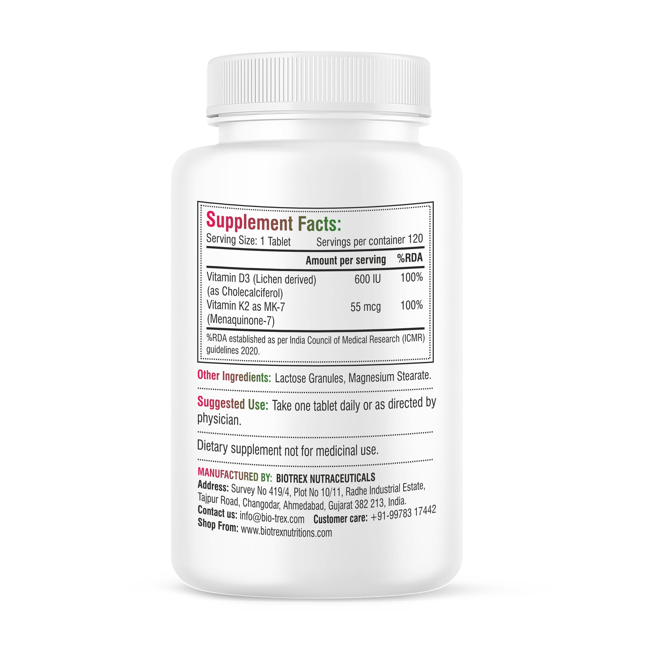 Biotrex Nutraceuticals Vitamin D3 600 IU + K2 MK7 Supplement For Advan ...